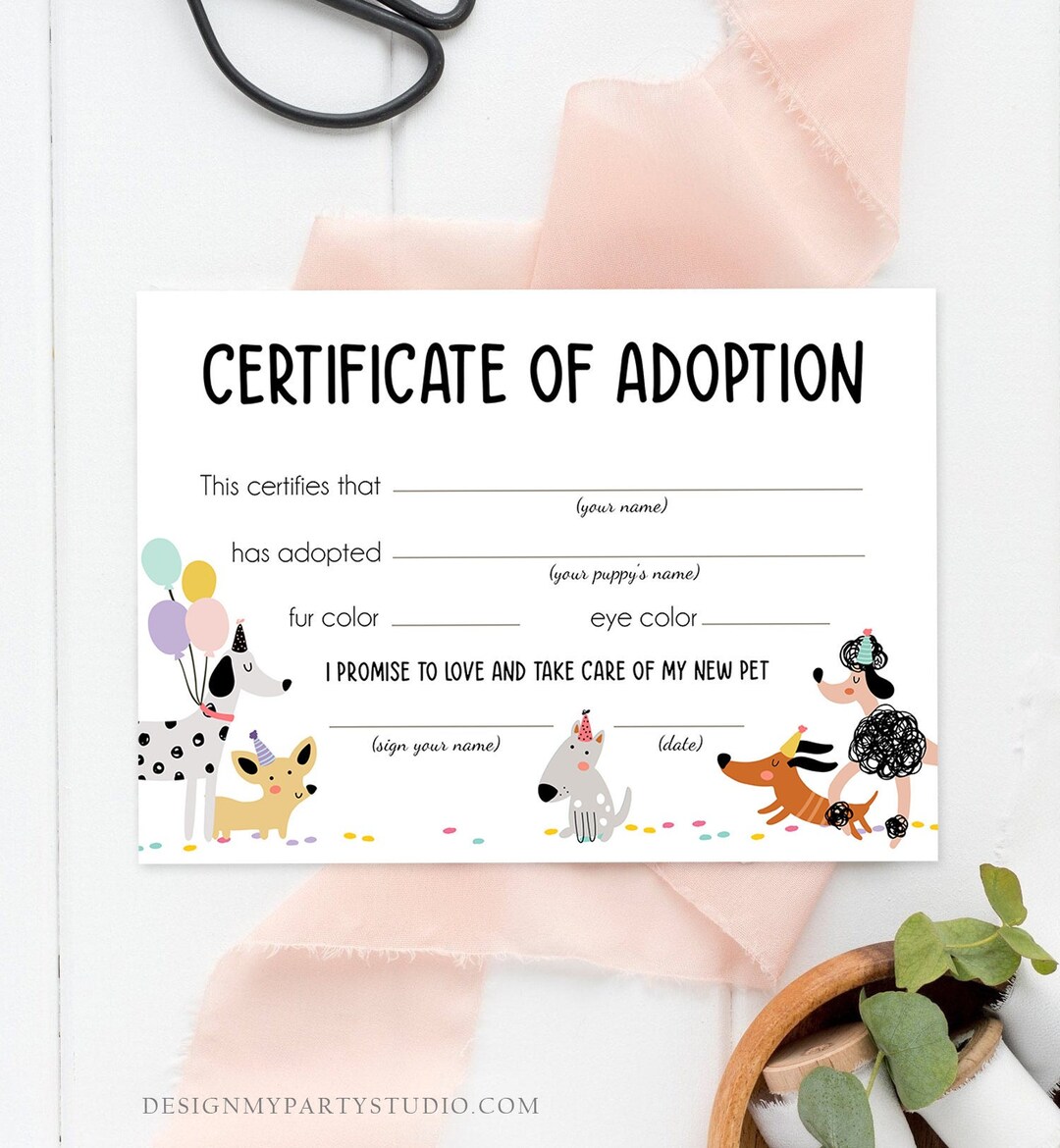 Pet Adoption Certificate Puppy Adoption Dog Birthday Party Adopt A Pet ...