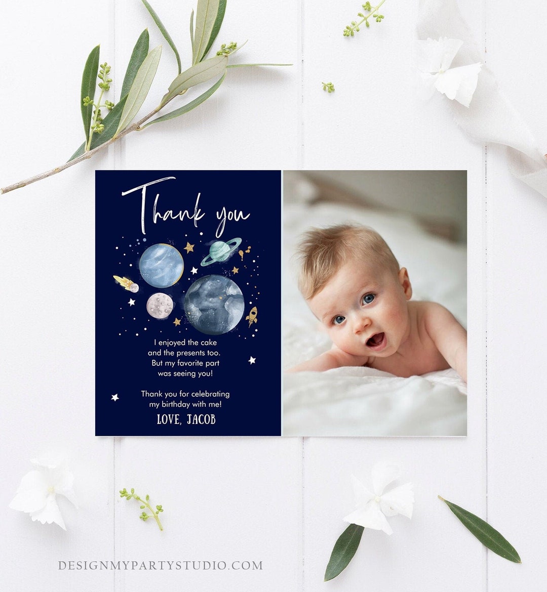 Editable Space Thank You Card Space Astronaut Birthday Boy to the Moon ...