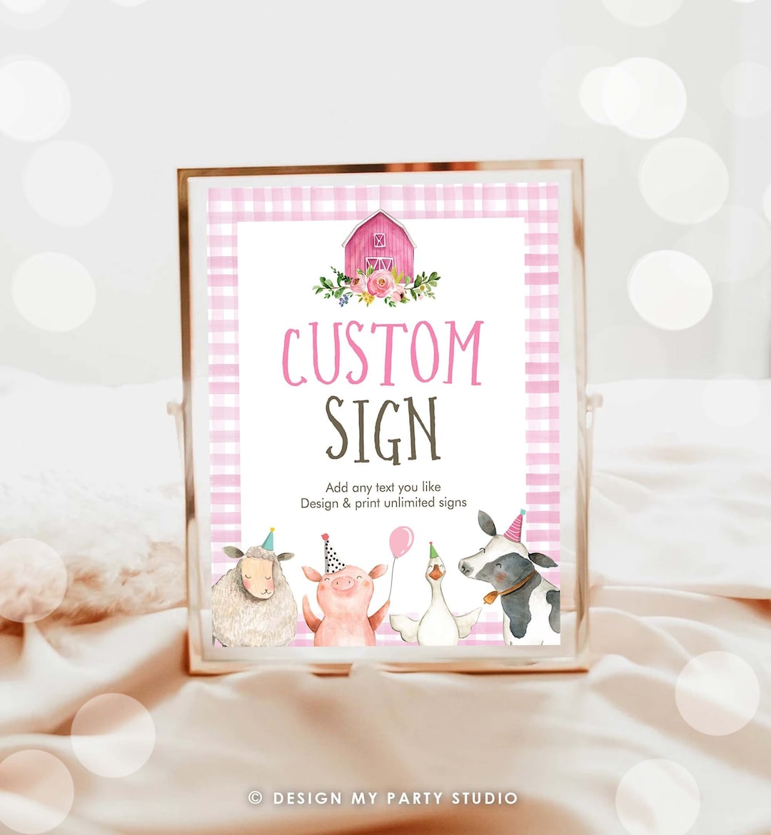 Editable Custom Sign Farm Animals Sign Pink Barnyard Birthday ...