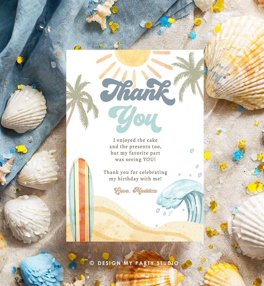 Editable Surf Thank You Card Birthday Party Boy The Big One Surfing