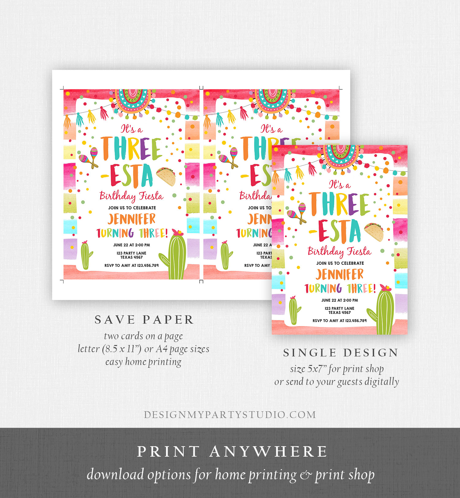 Editable Three-esta Fiesta Birthday Invitation Third Birthday - Etsy