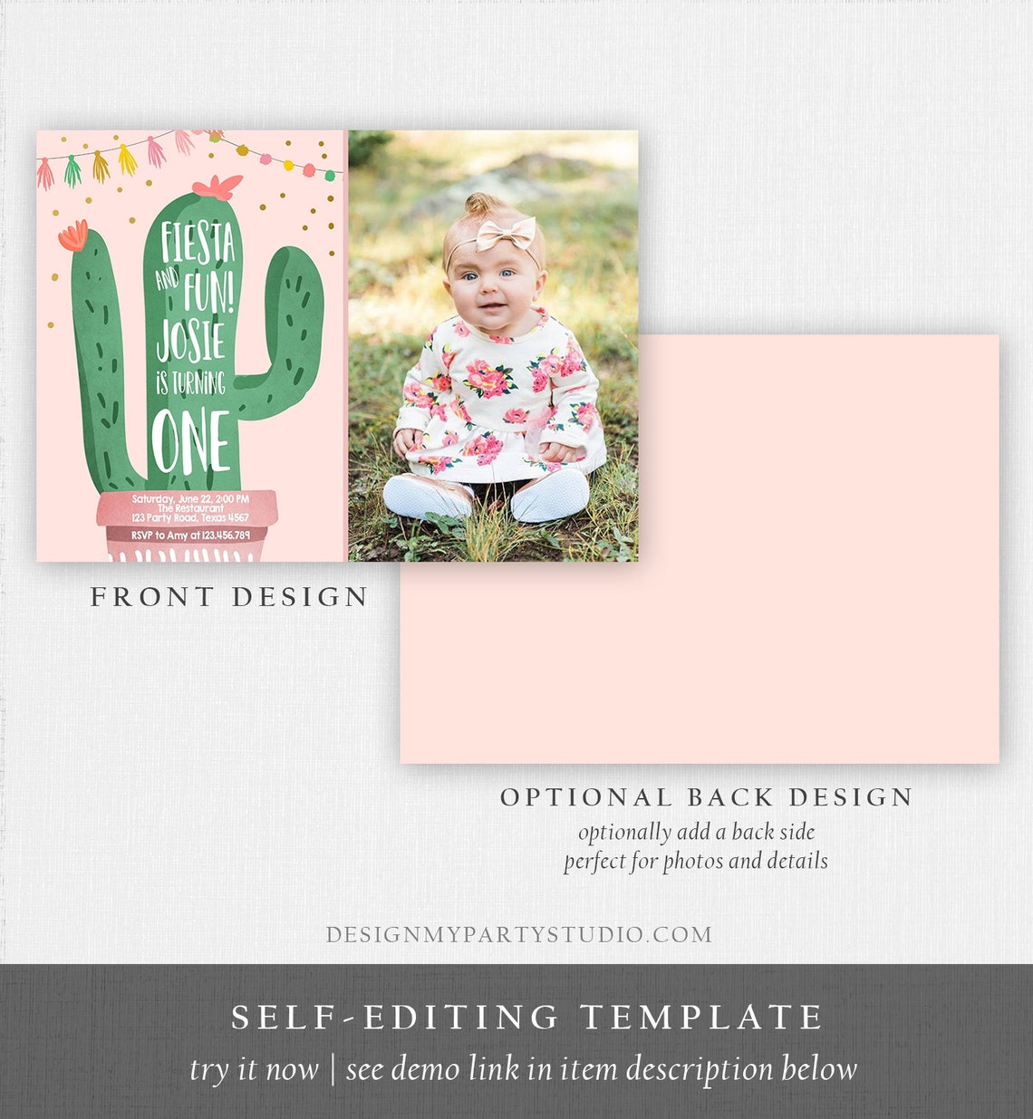 Editable Cactus Fiesta Birthday Invitation Girl Pink First | Etsy