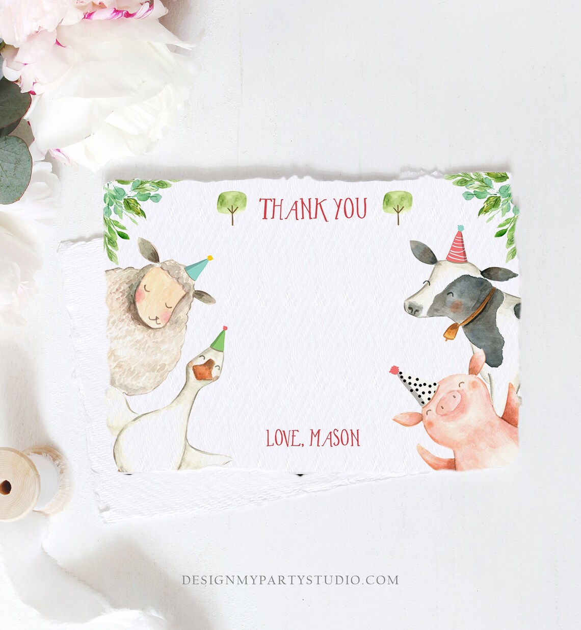 Editable Farm Animals Thank You Card Red Gingham Farm Birthday Boy ...