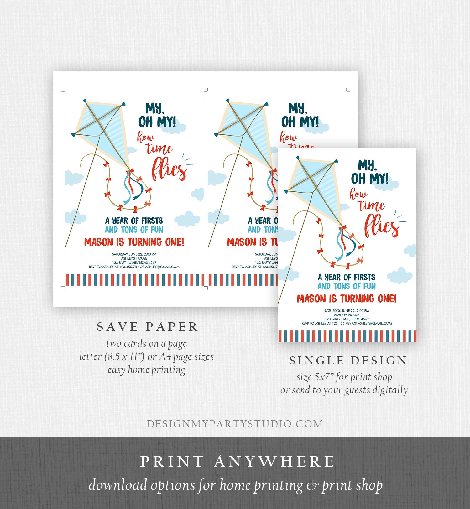 Editable Kite Birthday Invitation Oh My Time Flies First | Etsy