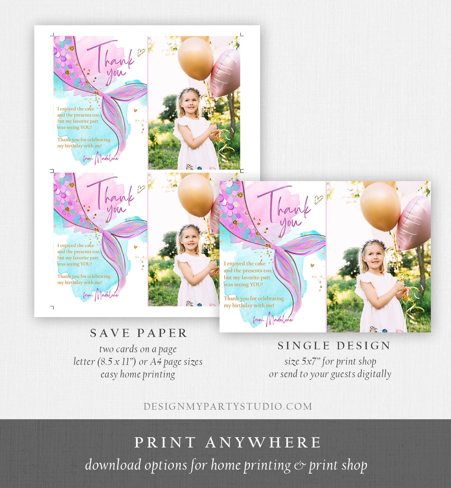 Editable Mermaid Thank You Card Girl Under the Sea Birthday Party Thank ...