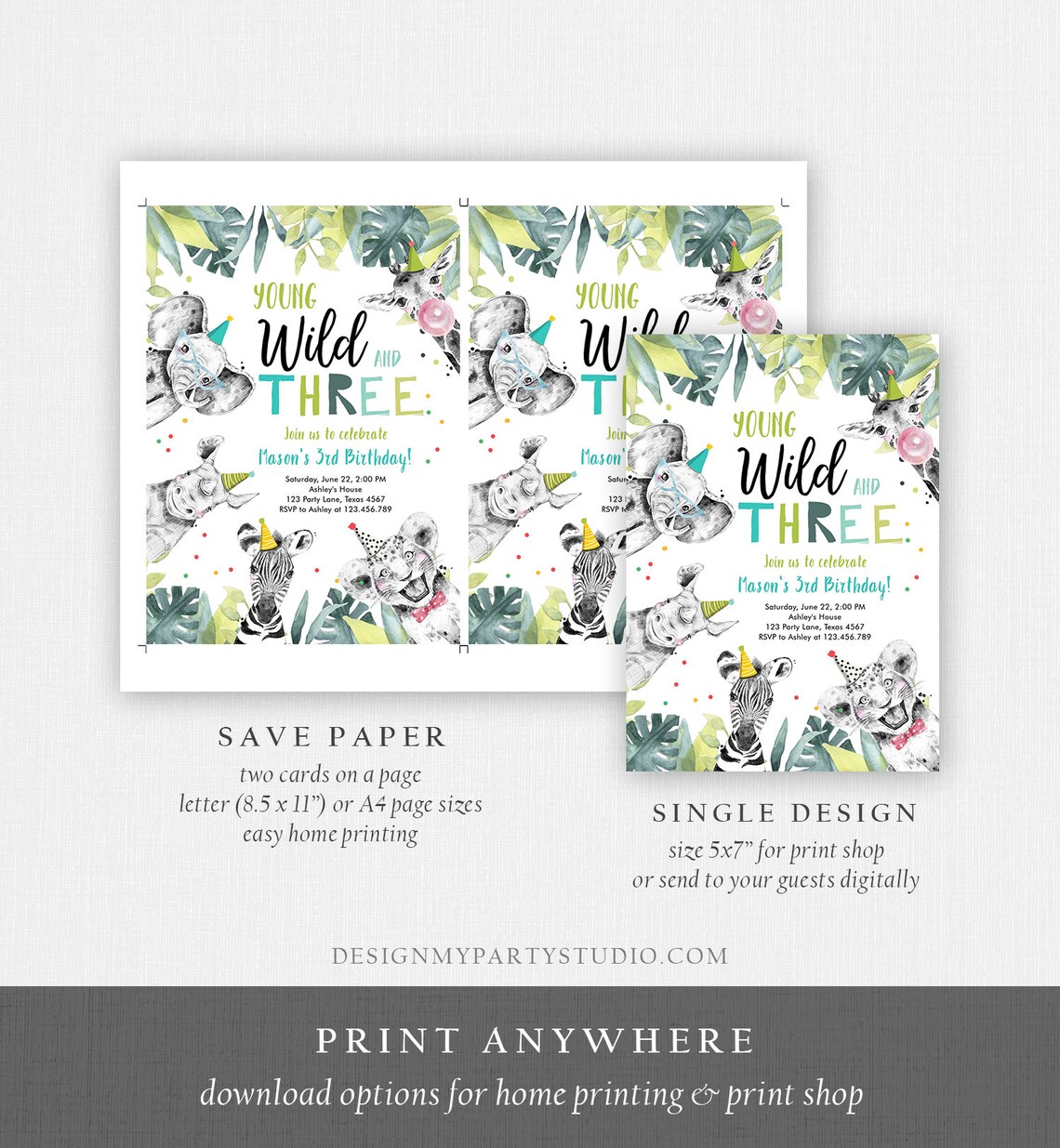 Editable Young Wild and Three Invitation Safari Animals Party - Etsy