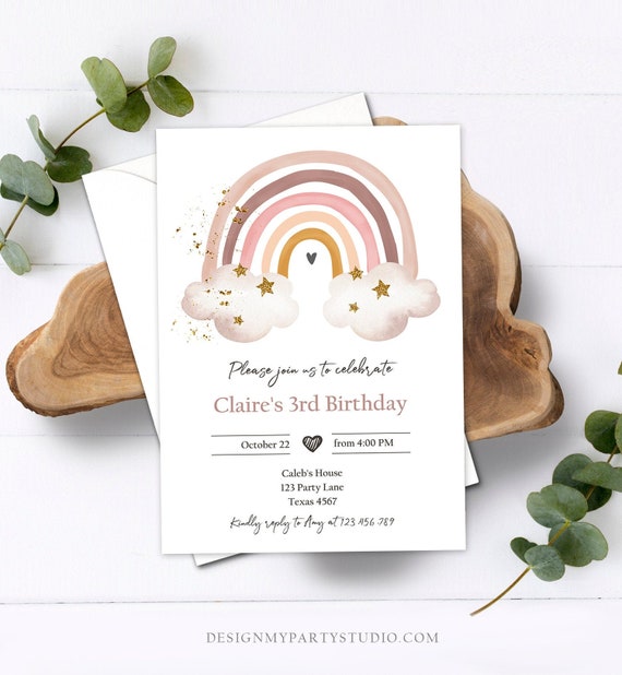 0002 Boho Rainbow Themed Birthday Party Invitation Printable Neutral 