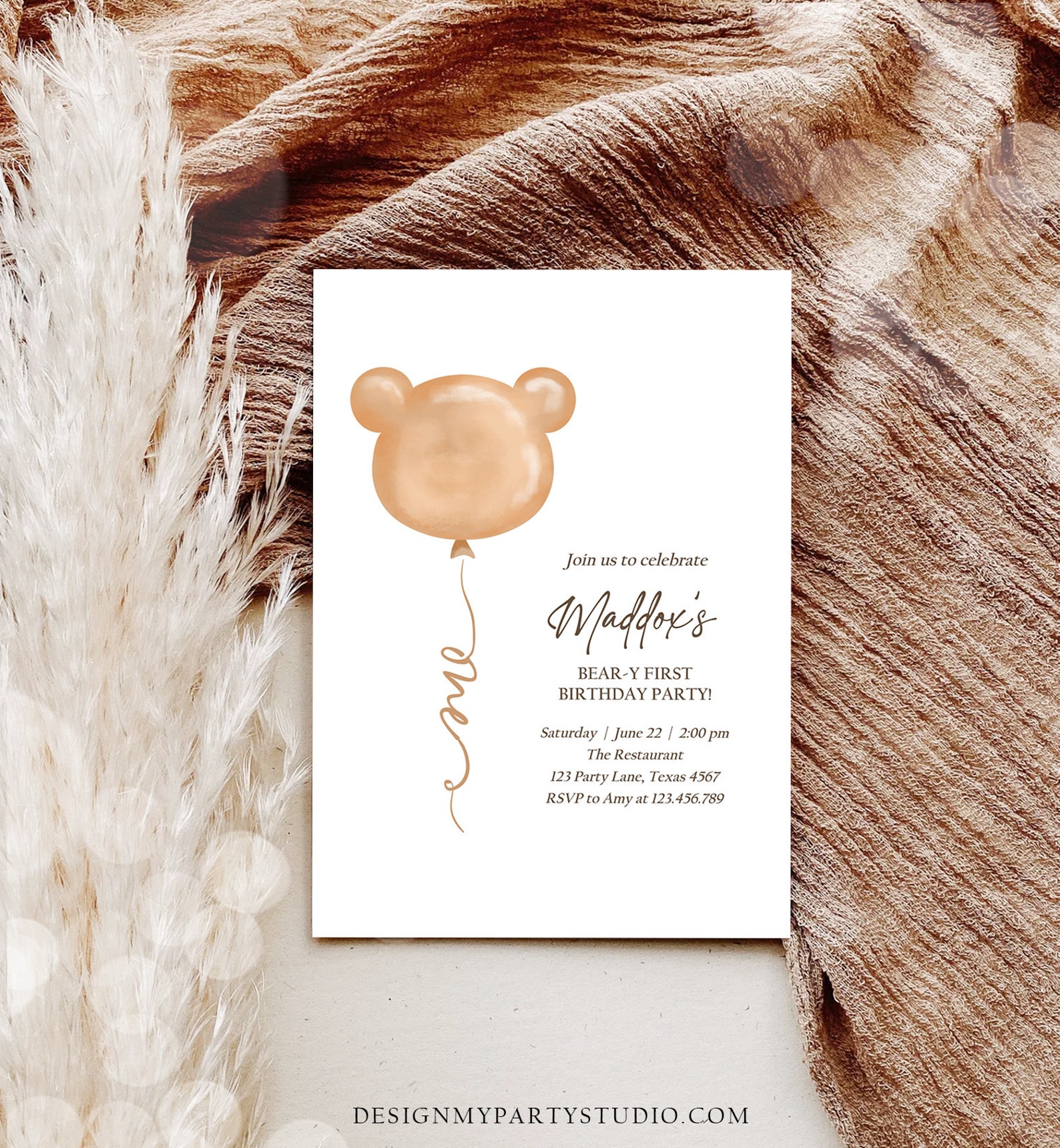 Editable Bear Birthday Invitation Bear Balloon Modern Teddy - Etsy