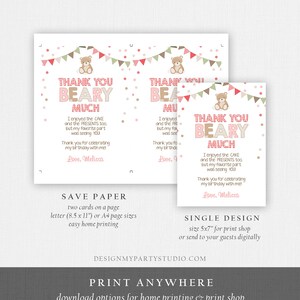 Editable Teddy Bear Thank You Card Birthday Picnic Beary Much Girl Pink ...
