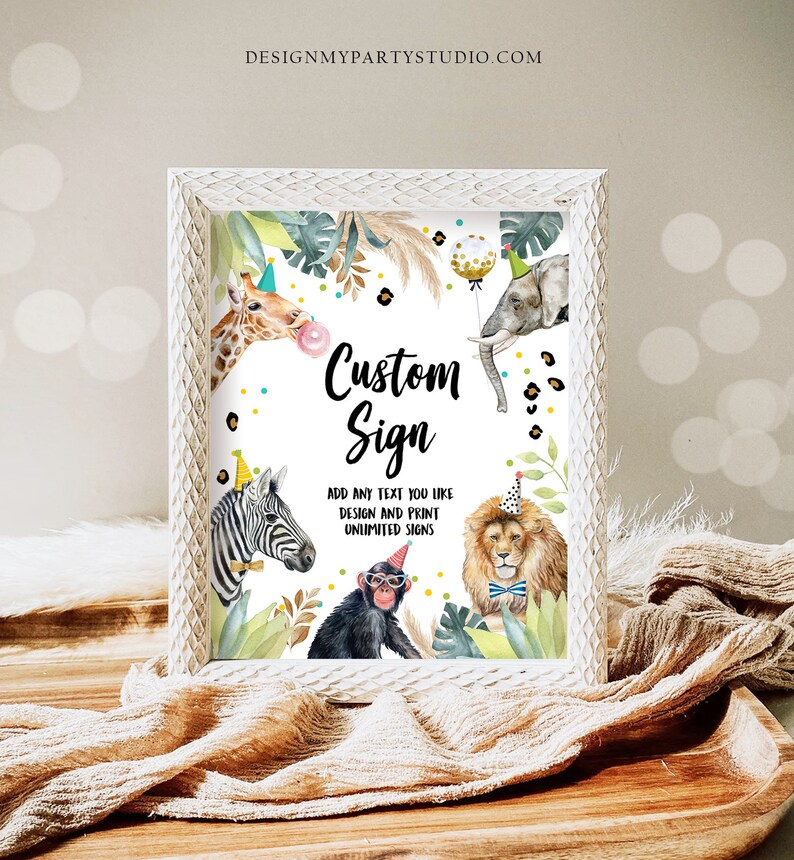 Editable Custom Sign Party Animals Sign Wild One Animals Decor Zoo ...