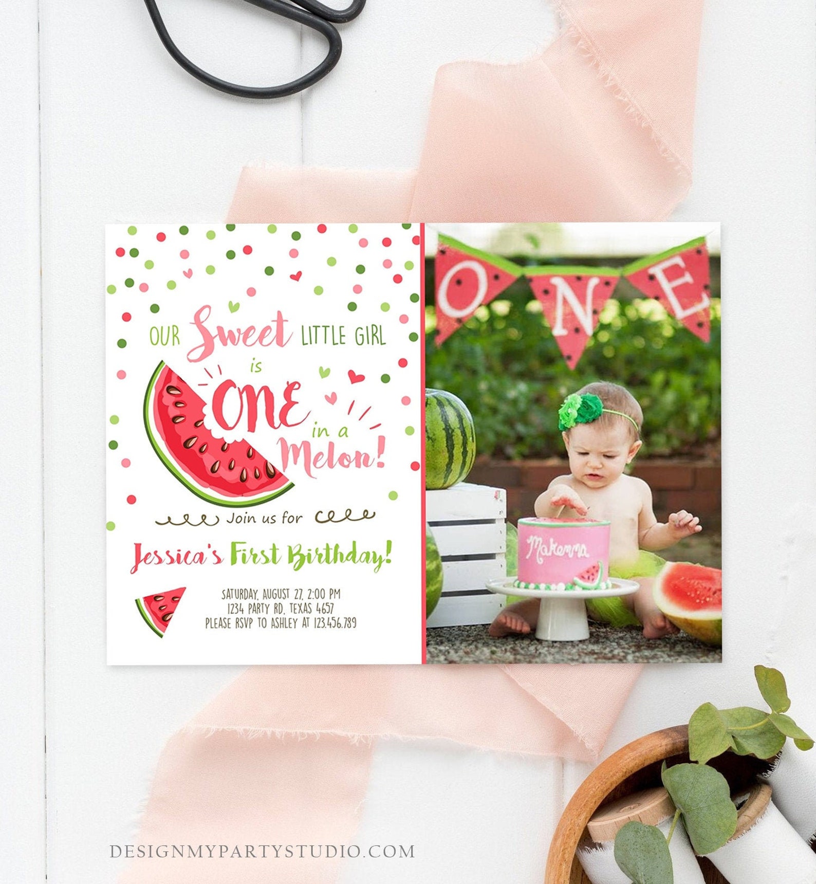 Editable Watermelon Birthday Invitation Girl Pink Red One in a - Etsy