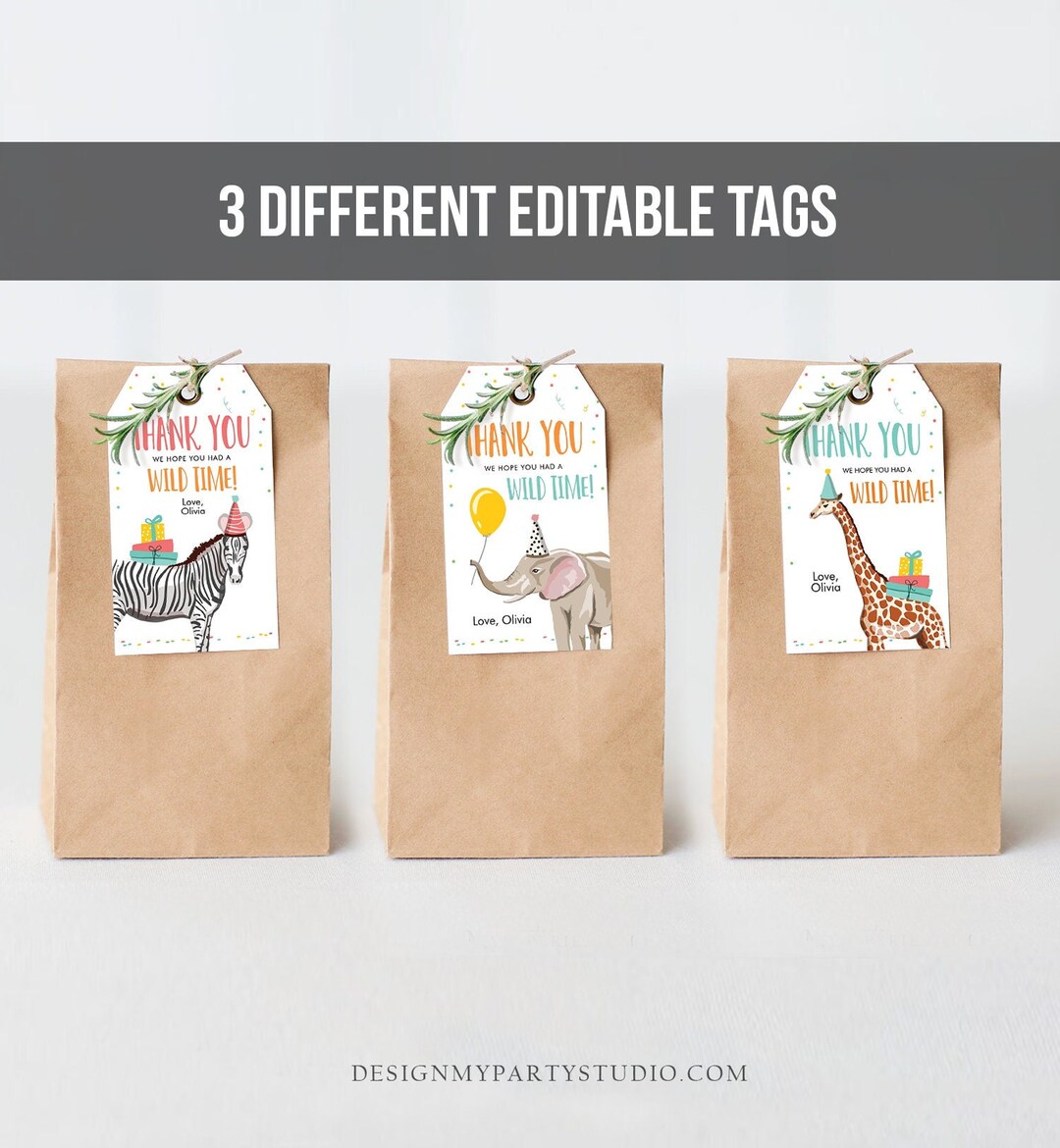 Editable Party Animals Favor Tags Wild One Animals Thank You Tags ...