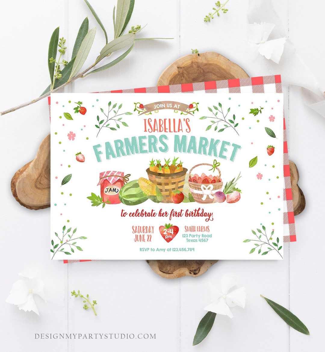 Editable Farmers Market Birthday Invitation Strawberry Farm Party ...