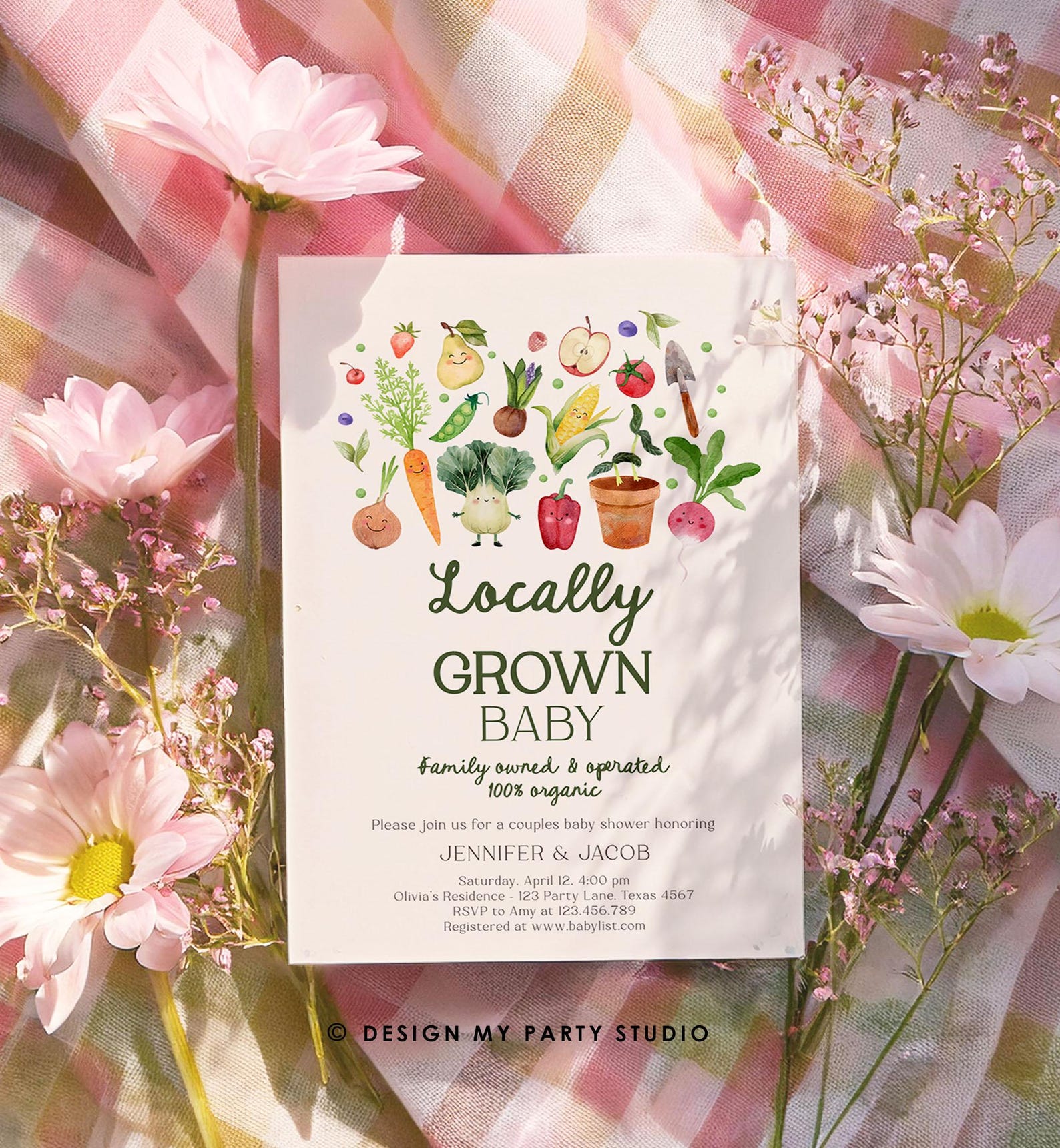 Editable Locally Grown Baby Shower Invitation Farmers Market Fruits and ...