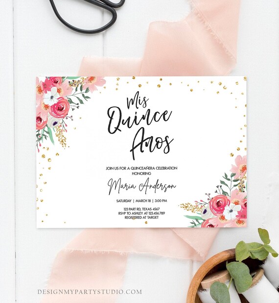 Editable Quinceañera Mis Quince Años Birthday Party Invitation Floral ...