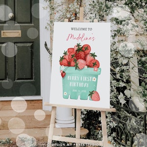 Editable Strawberry Welcome Sign Strawberry Birthday Party Farmers ...