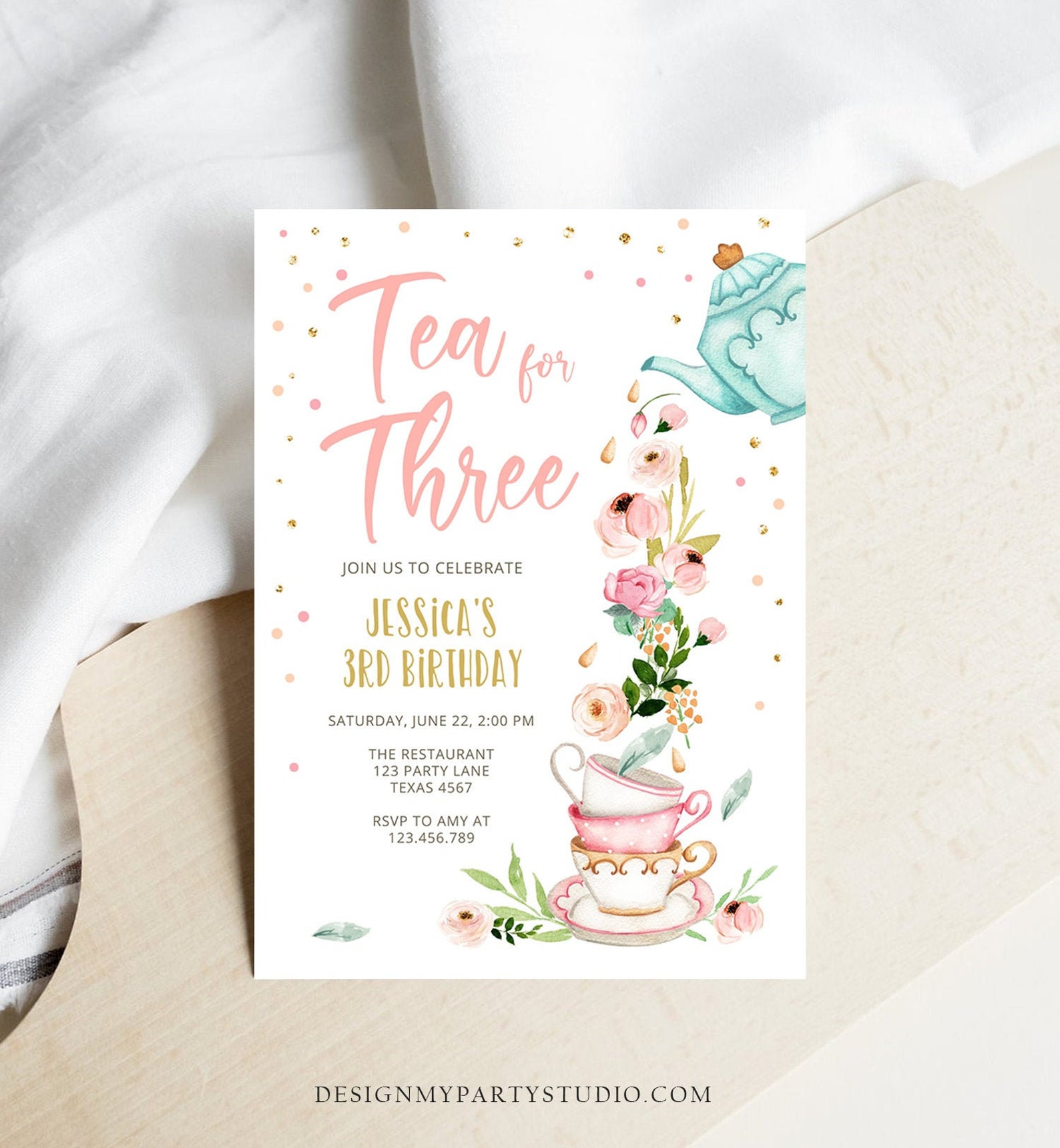 Editable Tea for Three Birthday Invitation Girl Tea Party Invite Pink ...