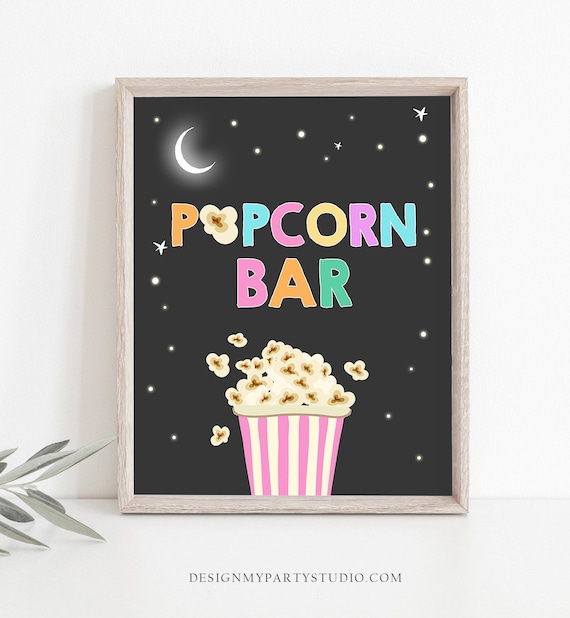 Popcorn Bar Sign Movie Night Birthday sign Girl Pink Popcorn Table Sign ...