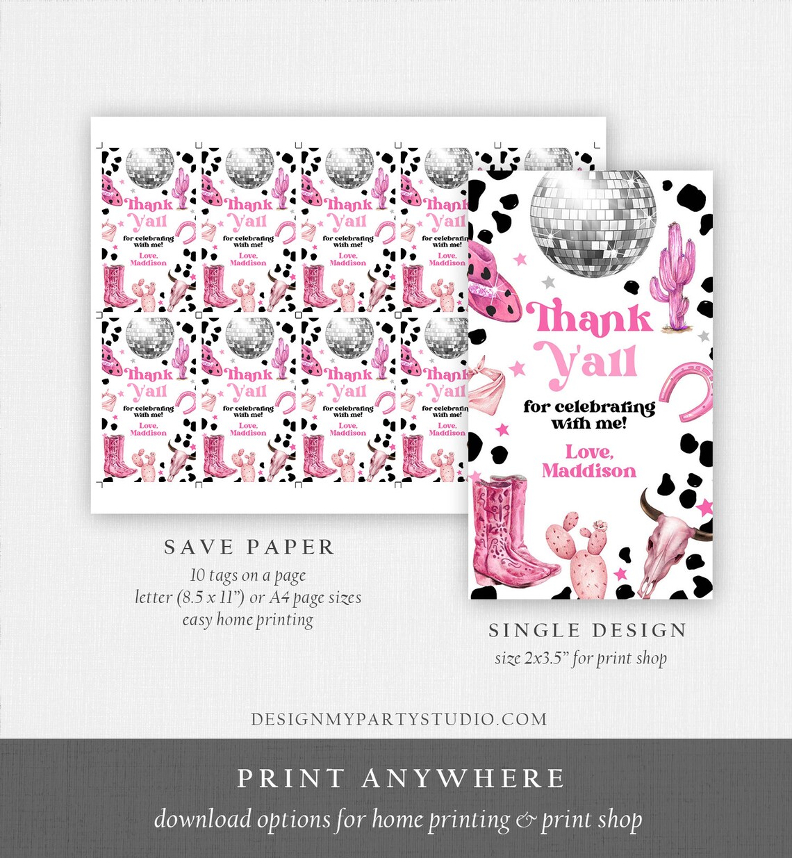 Editable Disco Cowgirl Birthday Favor Tag Nashville Party Gift Tag Pink ...