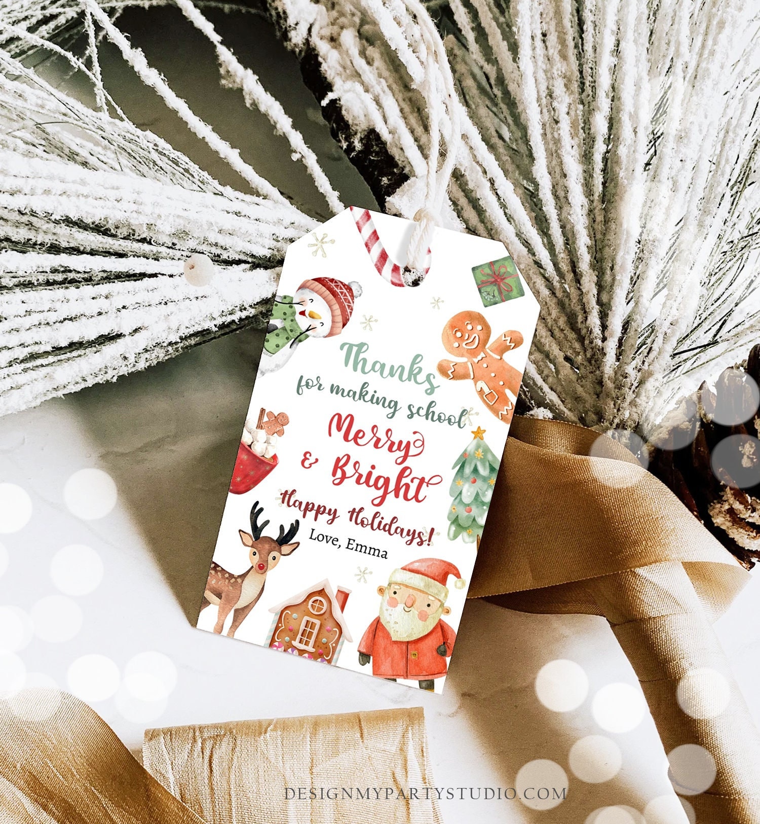 Editable School Merry and Bright Tag Christmas Gift Tag Holiday Tag ...