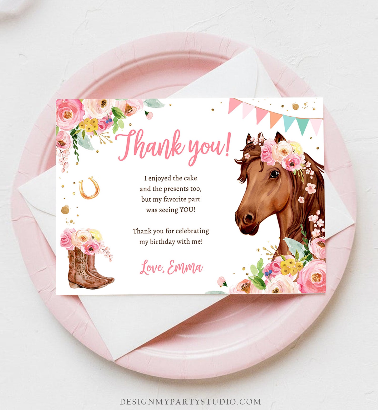 Editable Horse Thank You Card Note Girl Birthday Party Cowgirl ...