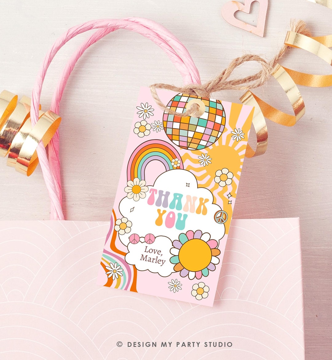 Editable Groovy Retro Favor Tag Disco Birthday Thank You Tag Girl Retro ...