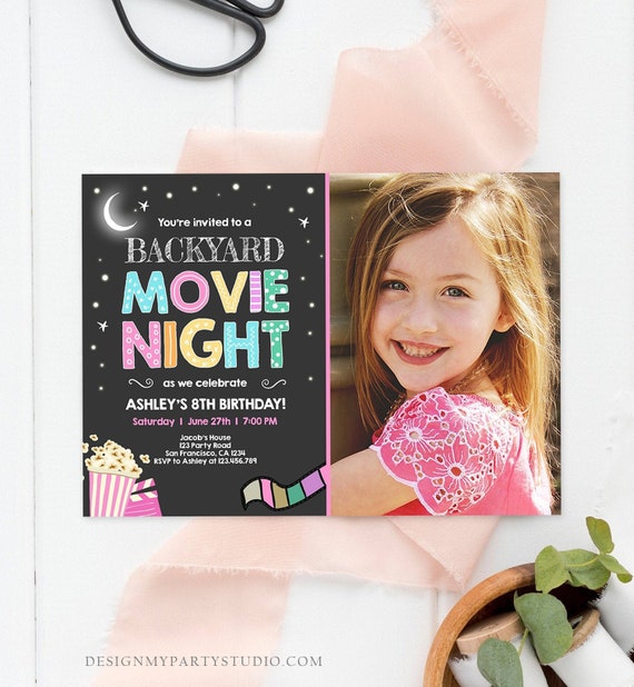 Editable Movie Night Birthday Invitation Girls Movie Slumber Party ...