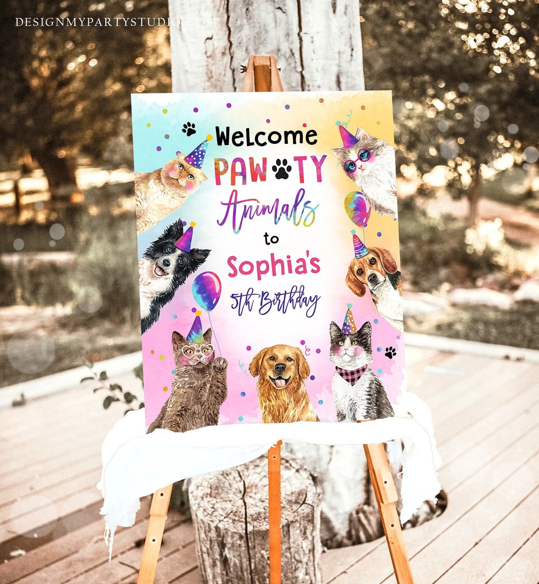 Editable Cats and Dogs Birthday Party Animals Welcome Sign Kitten ...