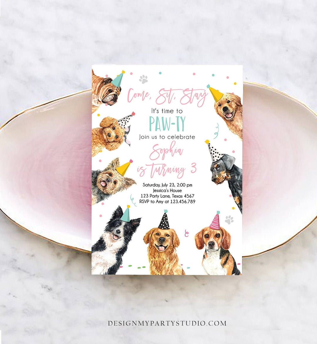 Editable Dog Birthday Party Invitation Puppy Birthday Invite Pink Girl ...