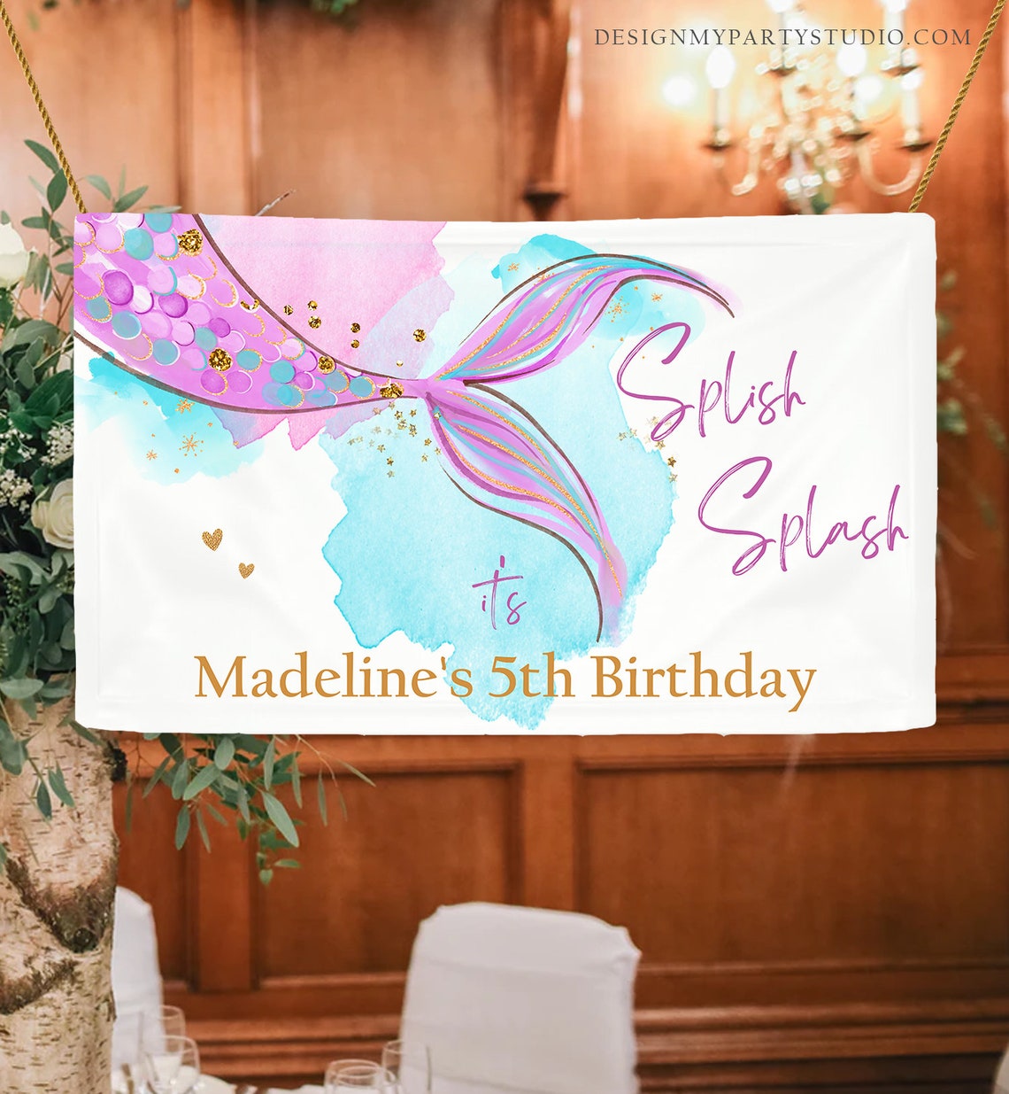 Editable Mermaid Backdrop Banner Mermaid Birthday Girl Pink Purple Gold ...