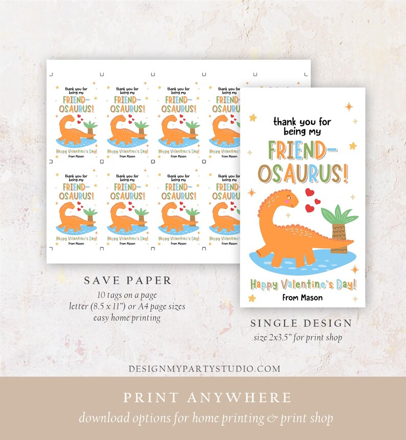 Editable Friend-osaurus Valentines Day Gift Tag Dinosaur Dino ...