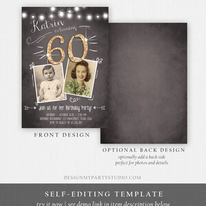 Editable 60th Birthday Invitation ANY AGE Chalkboard Rustic Adult Sixty ...