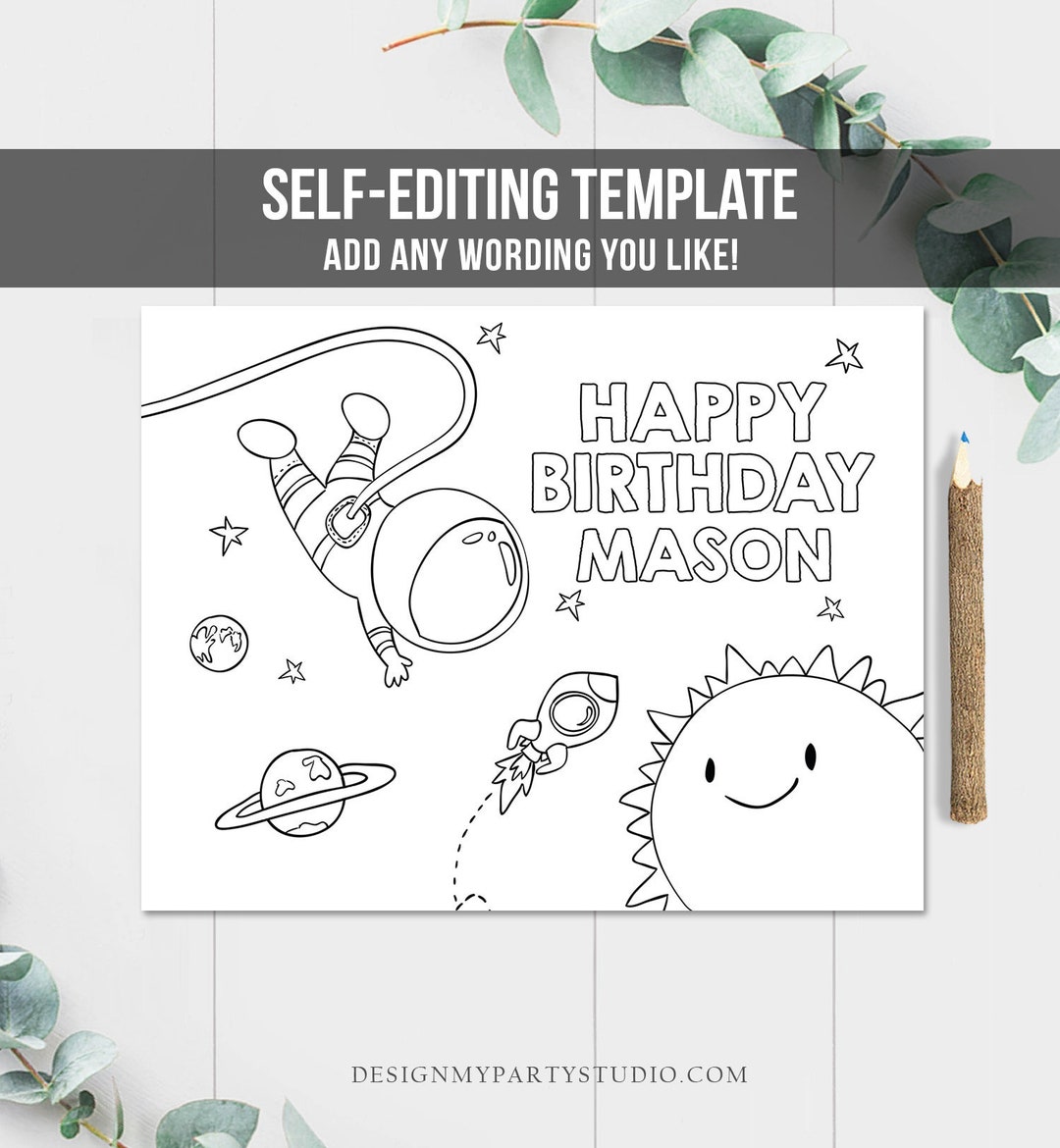 Editable Coloring Page Outer Space Birthday Party Activity Game ...