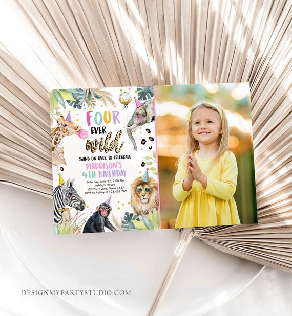 Editable Four Ever Wild Birthday Invitation Leopard Safari Animals Zoo ...