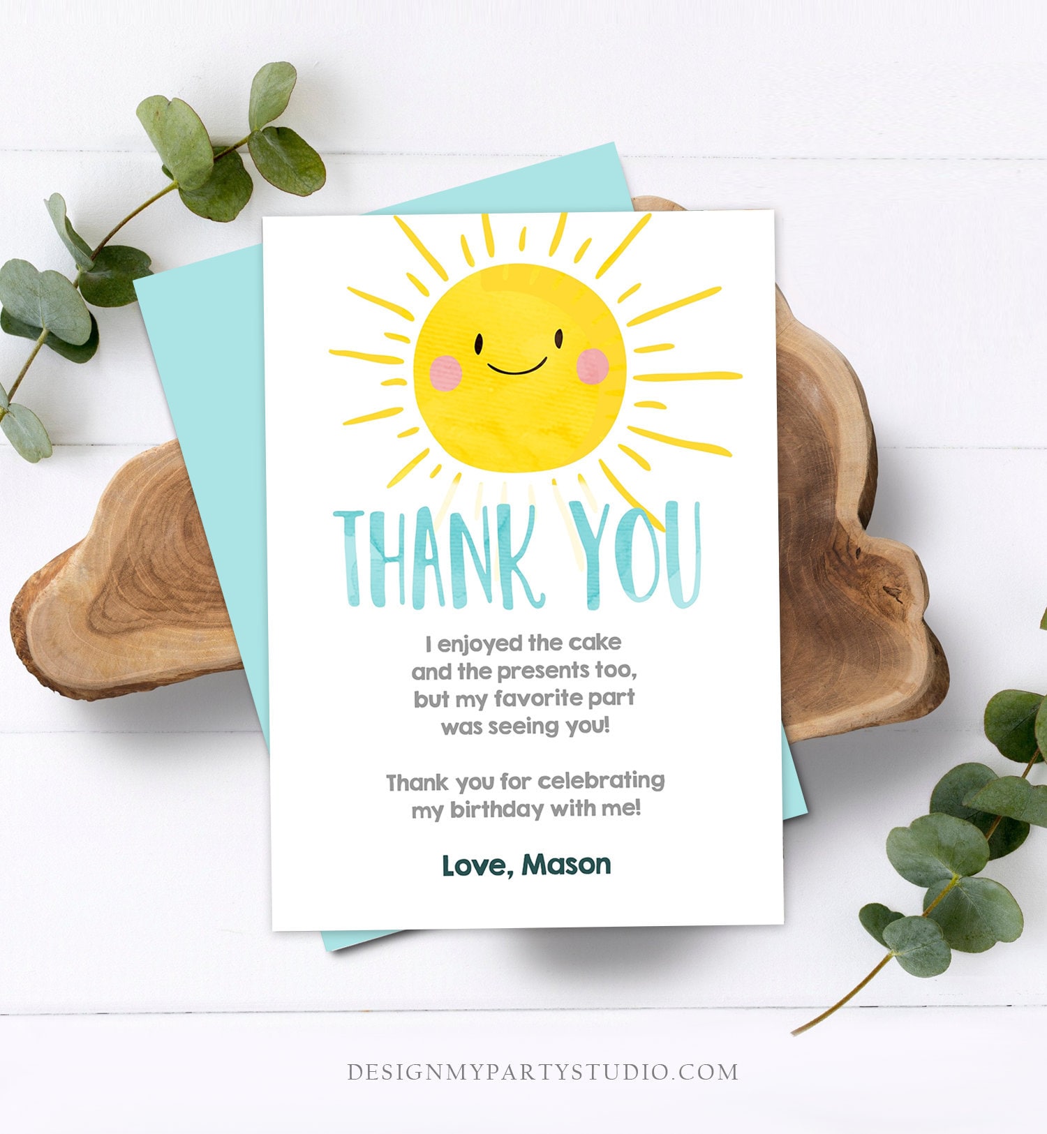 Editable Little Sunshine Thank You Card Birthday Party Blue - Etsy
