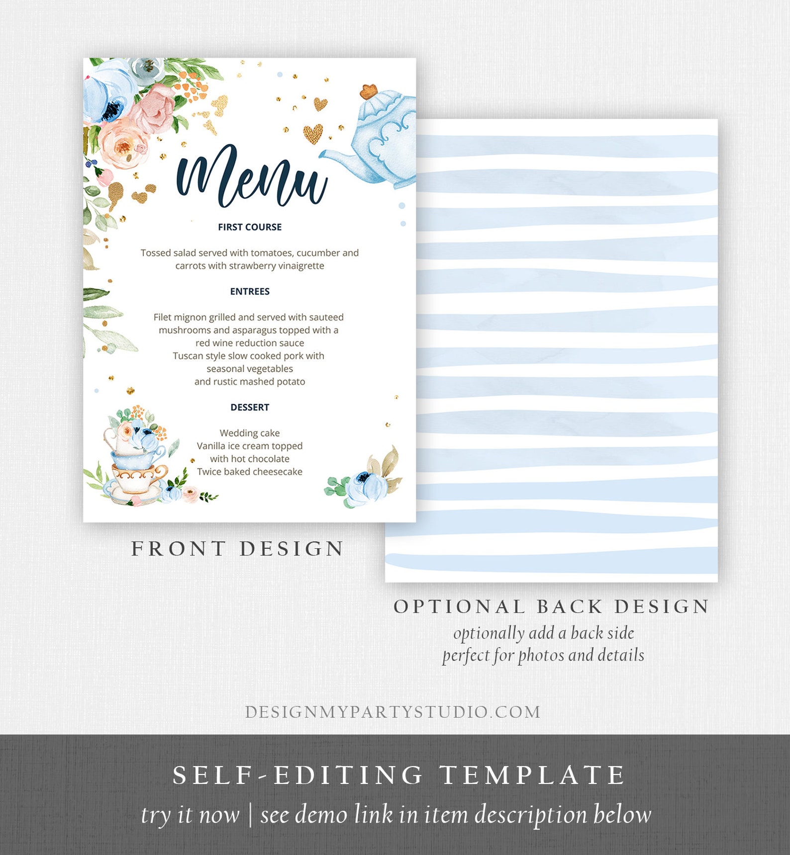 Editable Floral Tea Menu Card Tea Birthday Blue Gold Confetti - Etsy
