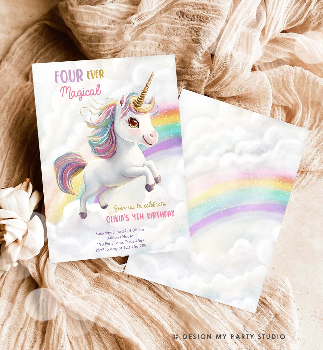 Editable Unicorn 4th Birthday Invitation Four Ever Magical Party Invite ...