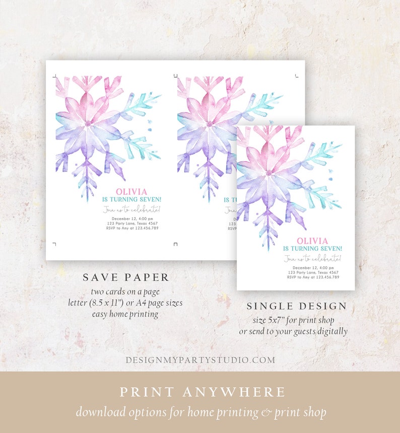 Editable Winter Birthday Invitation Snowflake Birthday Girl Pink Purple ...