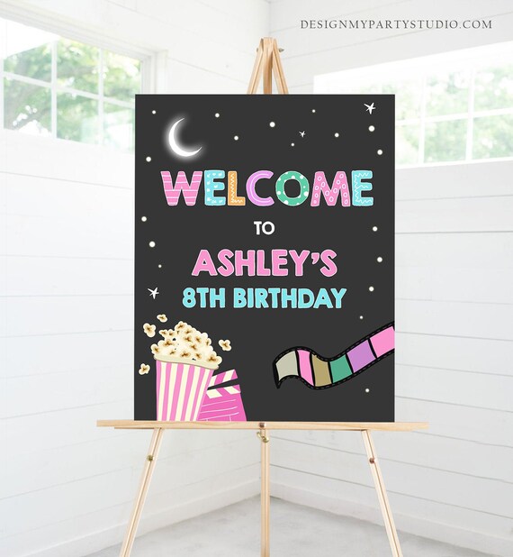Editable Movie Night Welcome Sign Girl Birthday Backyard Movie Under ...