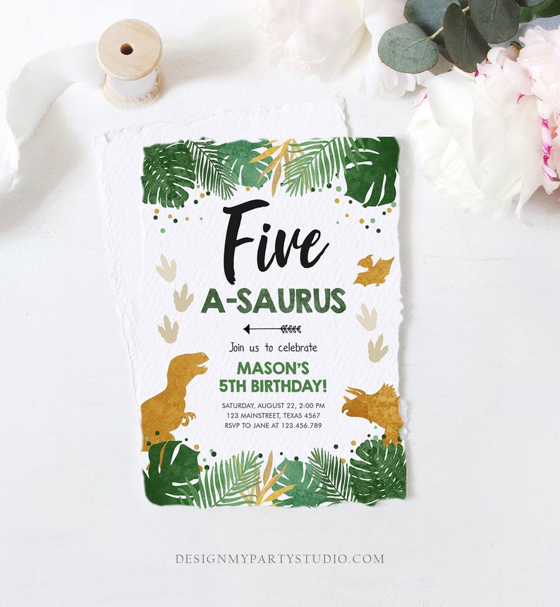 Editable Five-a-saurus Birthday Invitation ANY AGE Dinosaur Dino Party ...