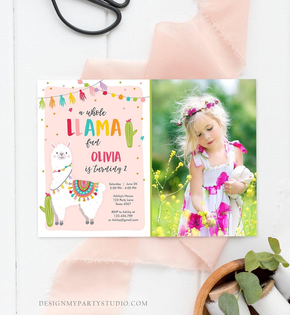 Editable Whole Llama Fun Birthday Invitation Fiesta Mexican Cactus ...