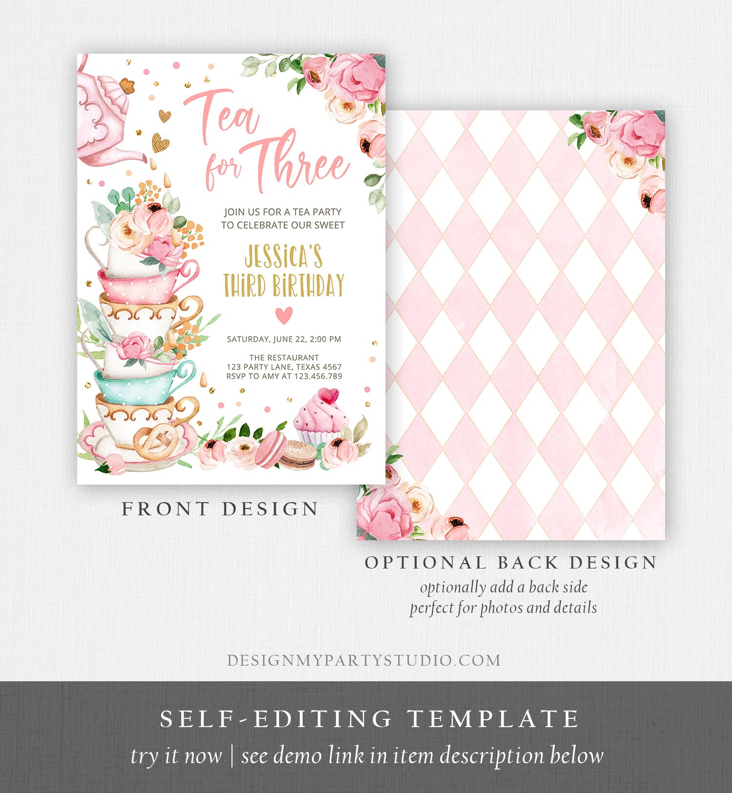 Editable Tea for Three Birthday Invitation Girl Tea Party Invite Pink ...