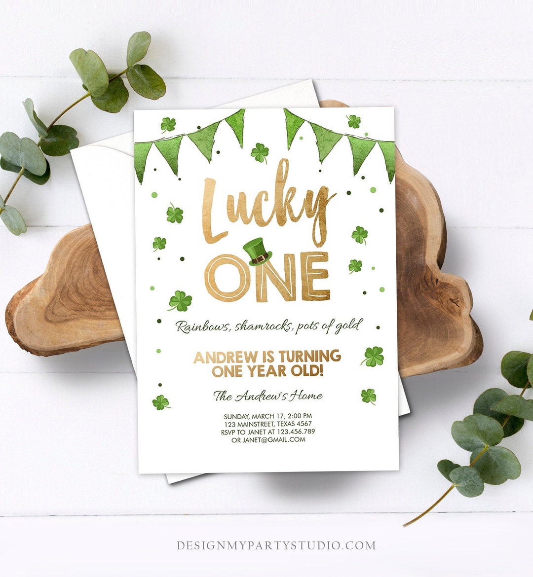 Editable Lucky One Birthday Invitation Shamrock Clover St Patricks Day ...