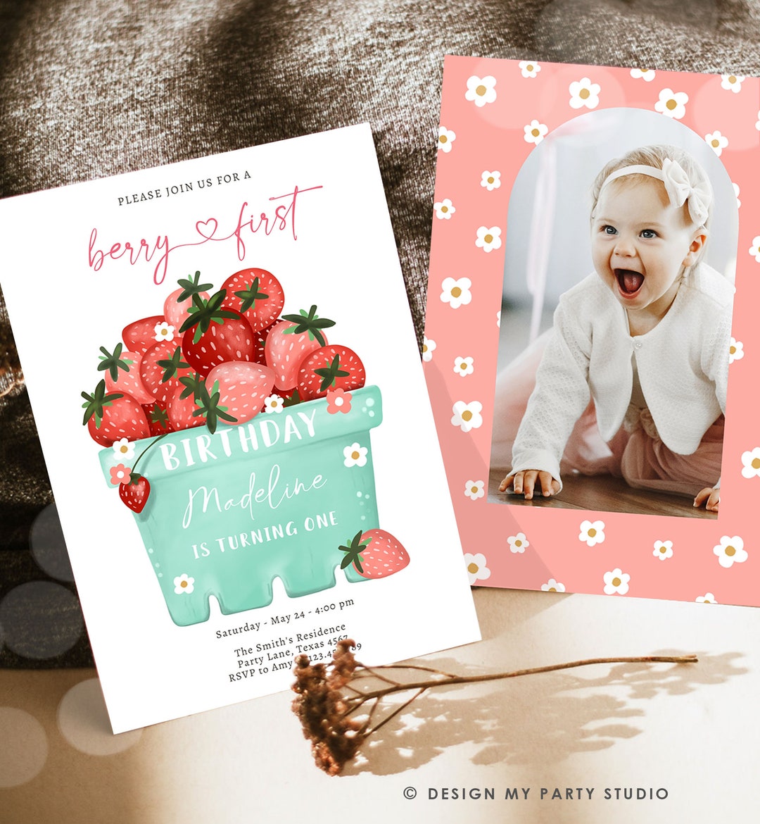 Editable Strawberry Birthday Invitation First Birthday Berry Sweet Girl ...