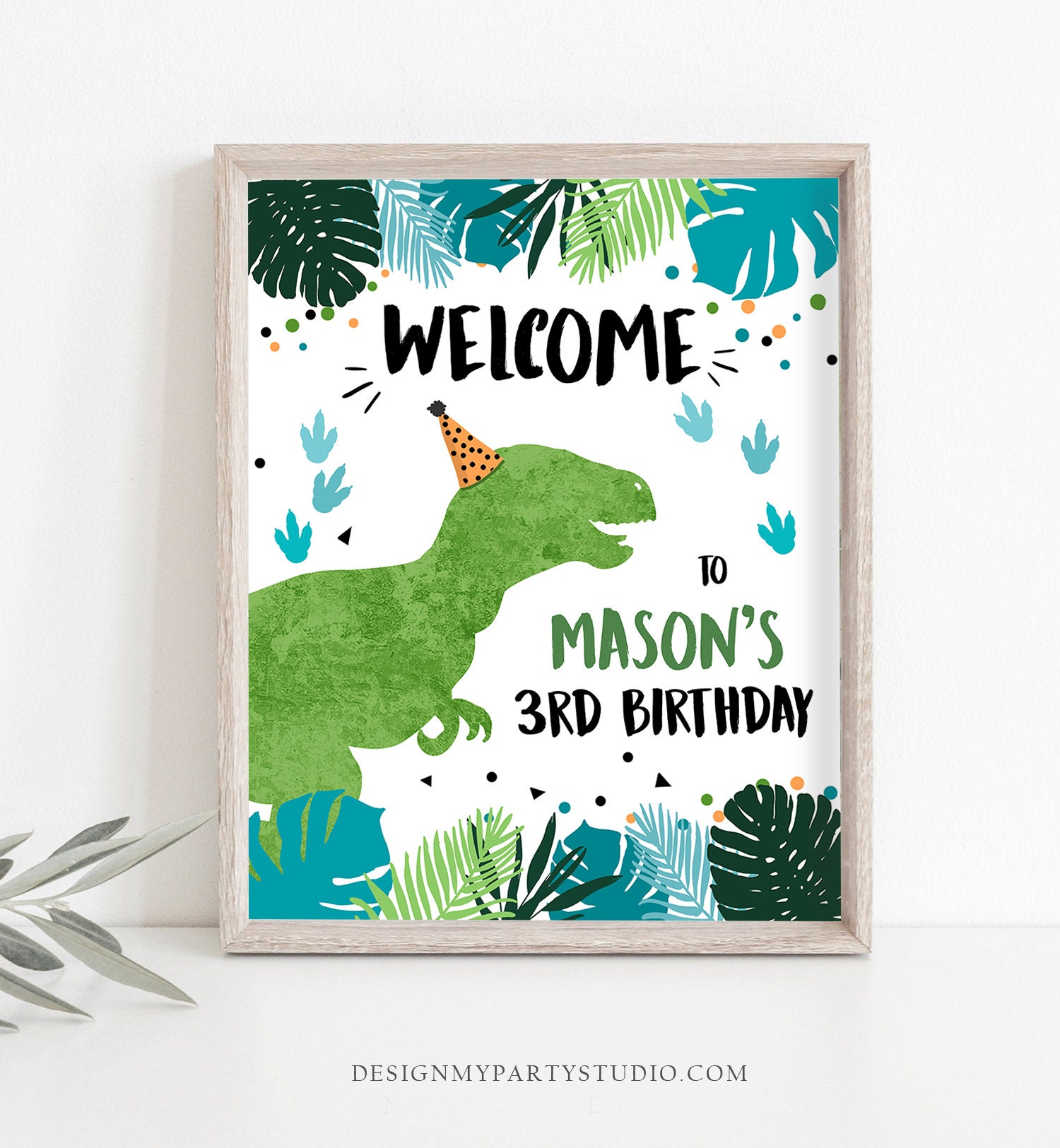 Editable Dinosaur Welcome Sign Boy Green Blue Dino Dig Party - Etsy