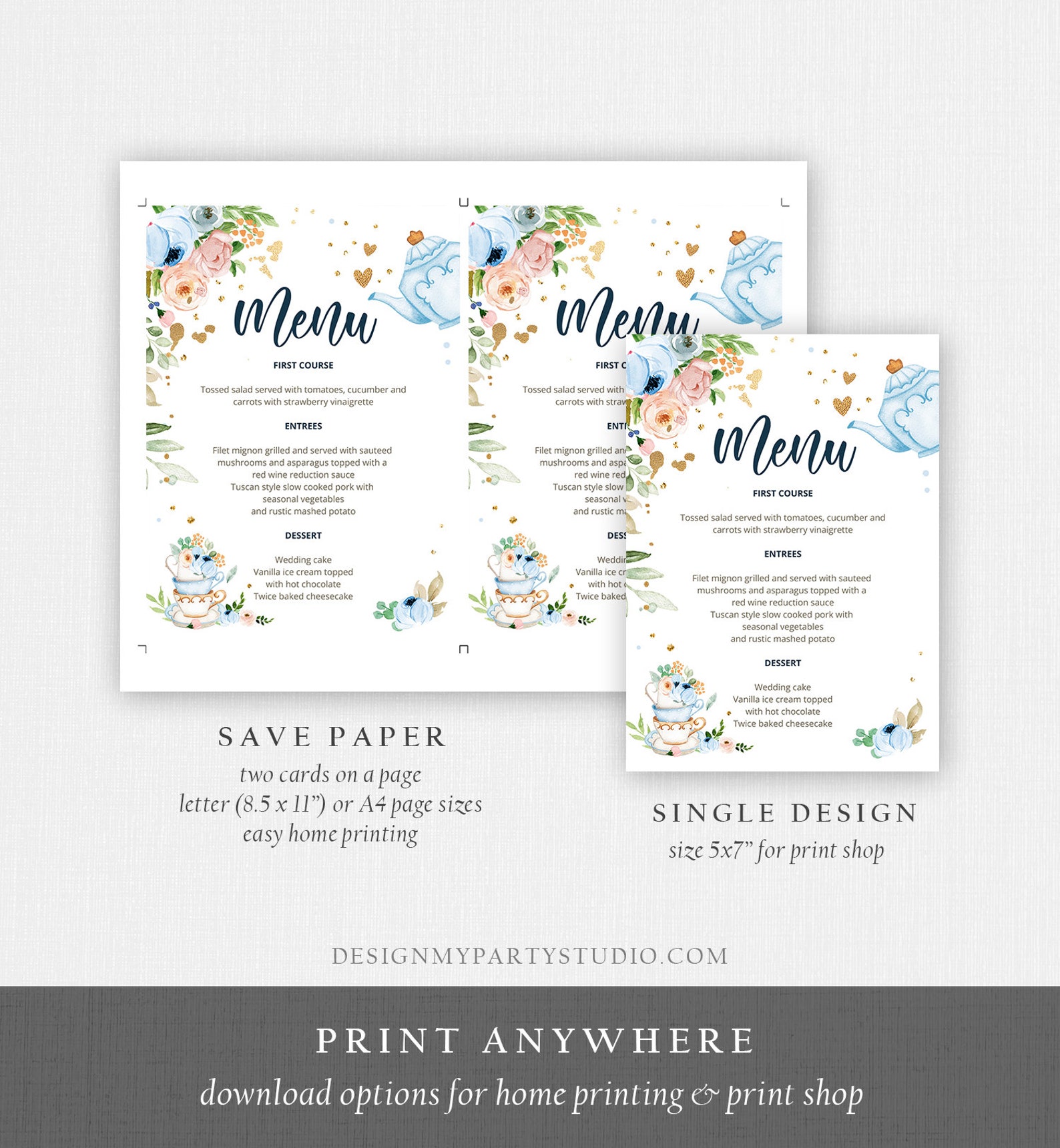 Editable Floral Tea Menu Card Tea Birthday Blue Gold Confetti - Etsy