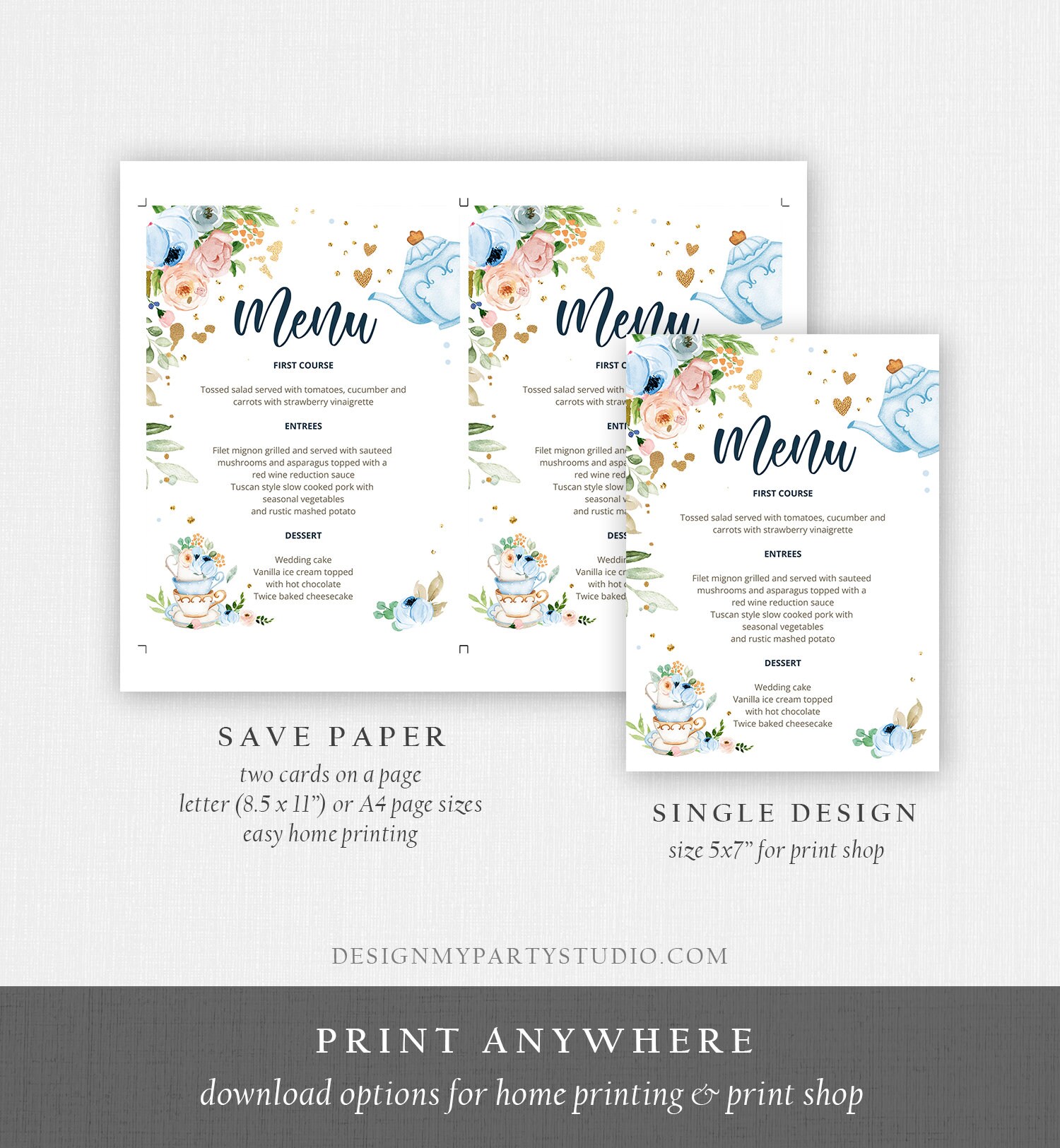 Editable Floral Tea Menu Card Tea Birthday Blue Confetti Floral Tea ...