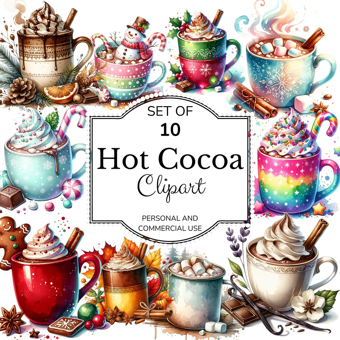 Watercolor Hot Cocoa Clipart PNG Bundle, Digital Clip Art Set, Hot ...