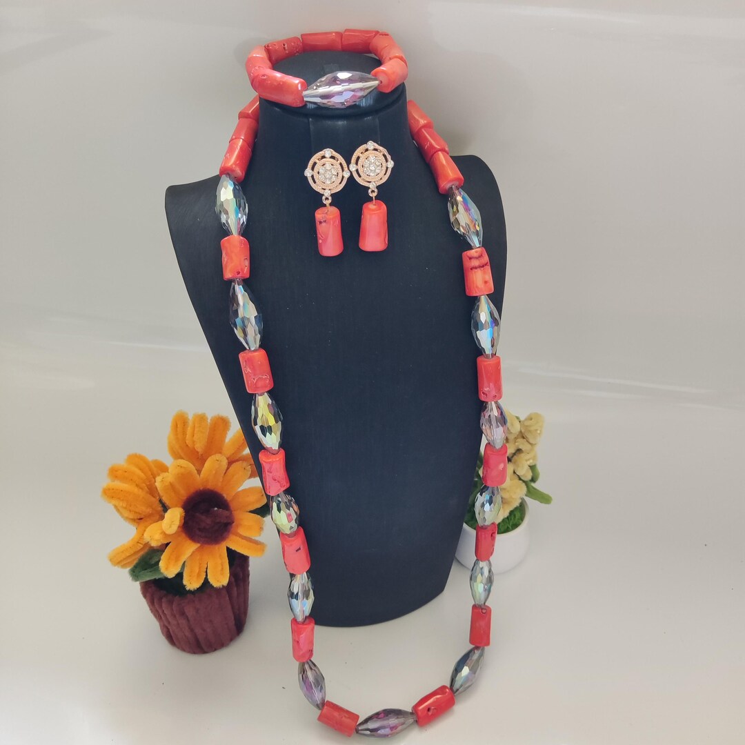 African Style Jewelry Set, Coral Jewelry Set, Nigeria Coral Necklace ...