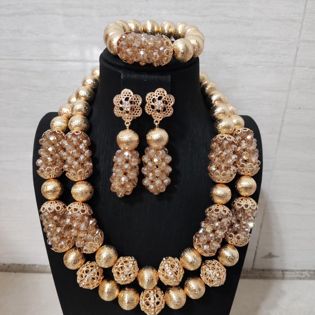 Gold Color Beads Necklace Set, Crystal With Copper Necklace, Bracelet ...